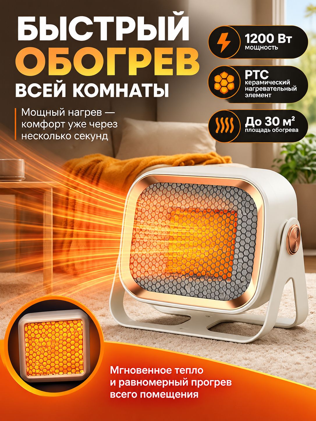 Тепловая завеса с керамическим нагревателем, 1200 Вт, 30 м , электронный термостат, механическое управление, IPX4