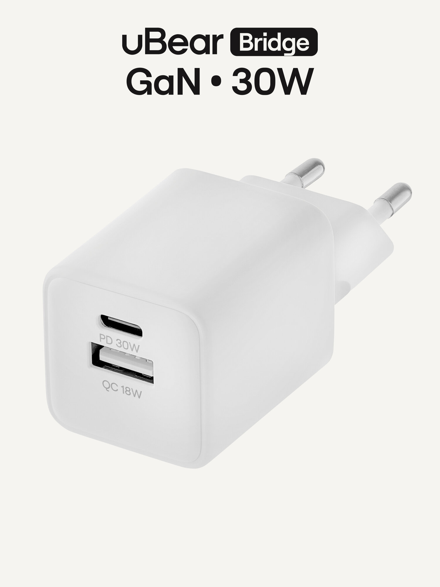 Сетевое зарядное устройство uBear Bridge USB-C+USB-A 30 Вт GaN с поддержкой протоколов быстрой зарядки