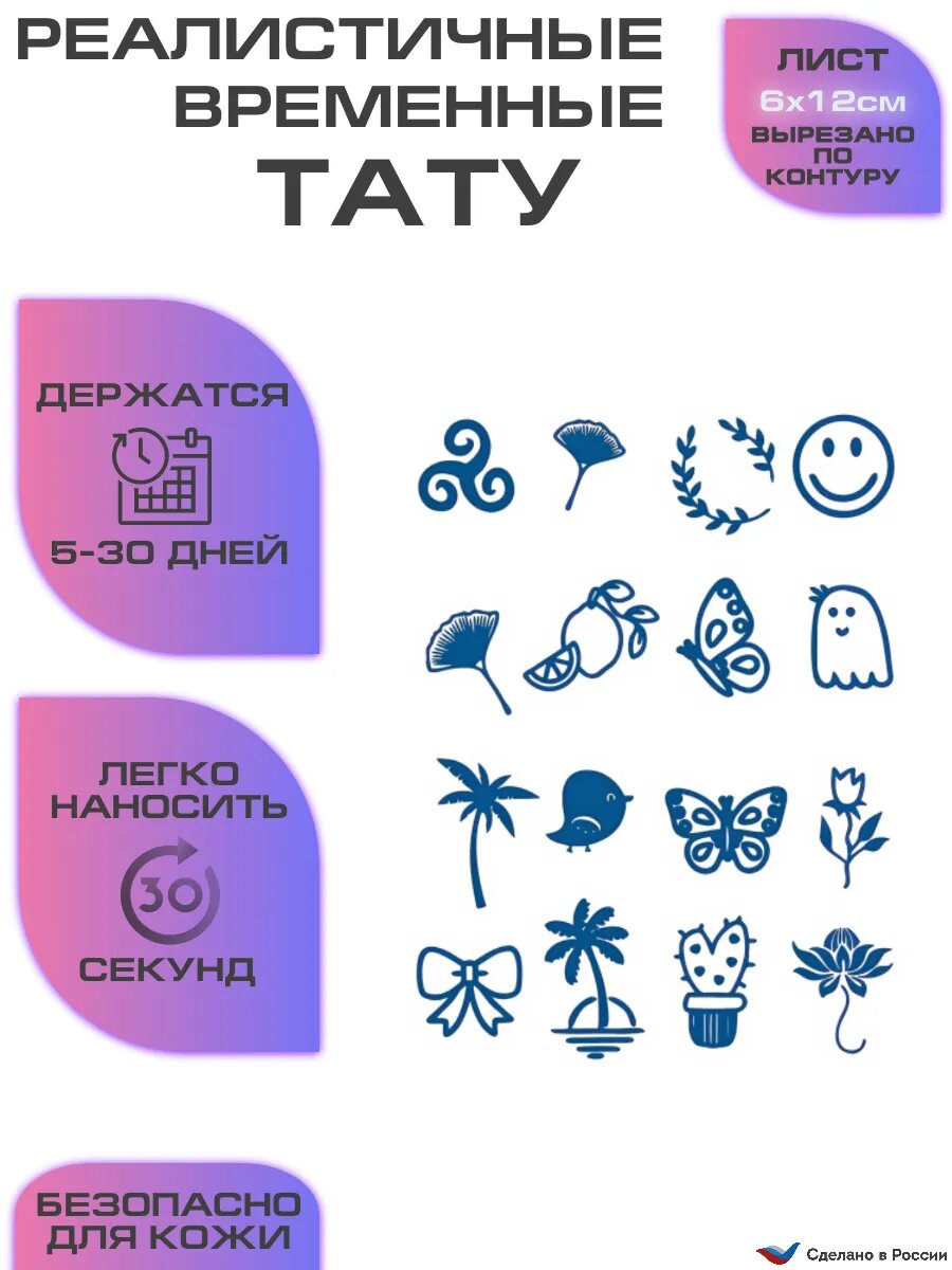 Тату наклейка синяя переводная детская женская бабочка