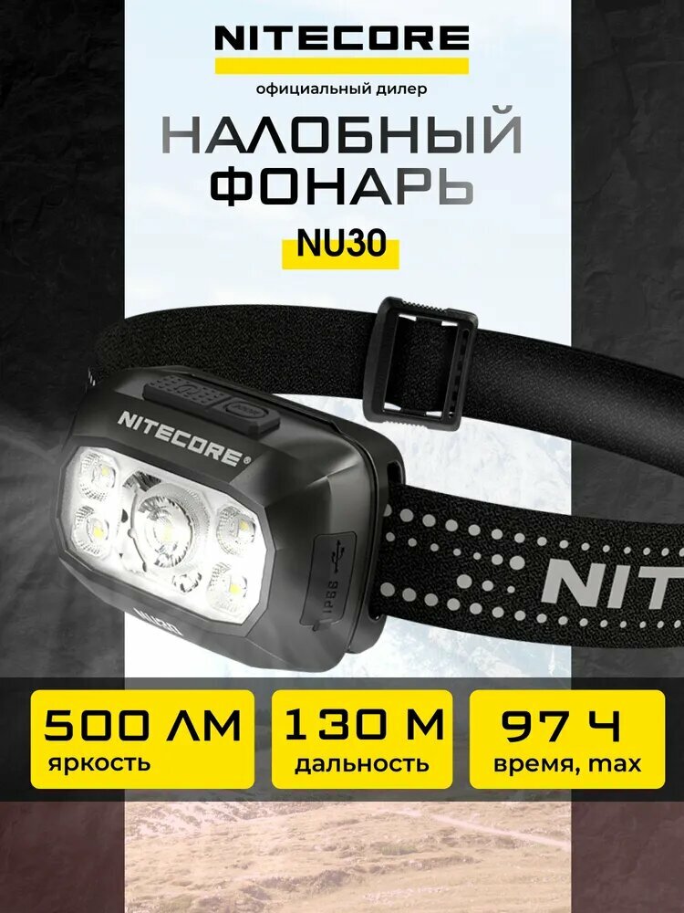 1245 Налобный фонарь аккумуляторный NITECORE NU30 500 люмен, мощный налобный фонарик USB-C с красным светом