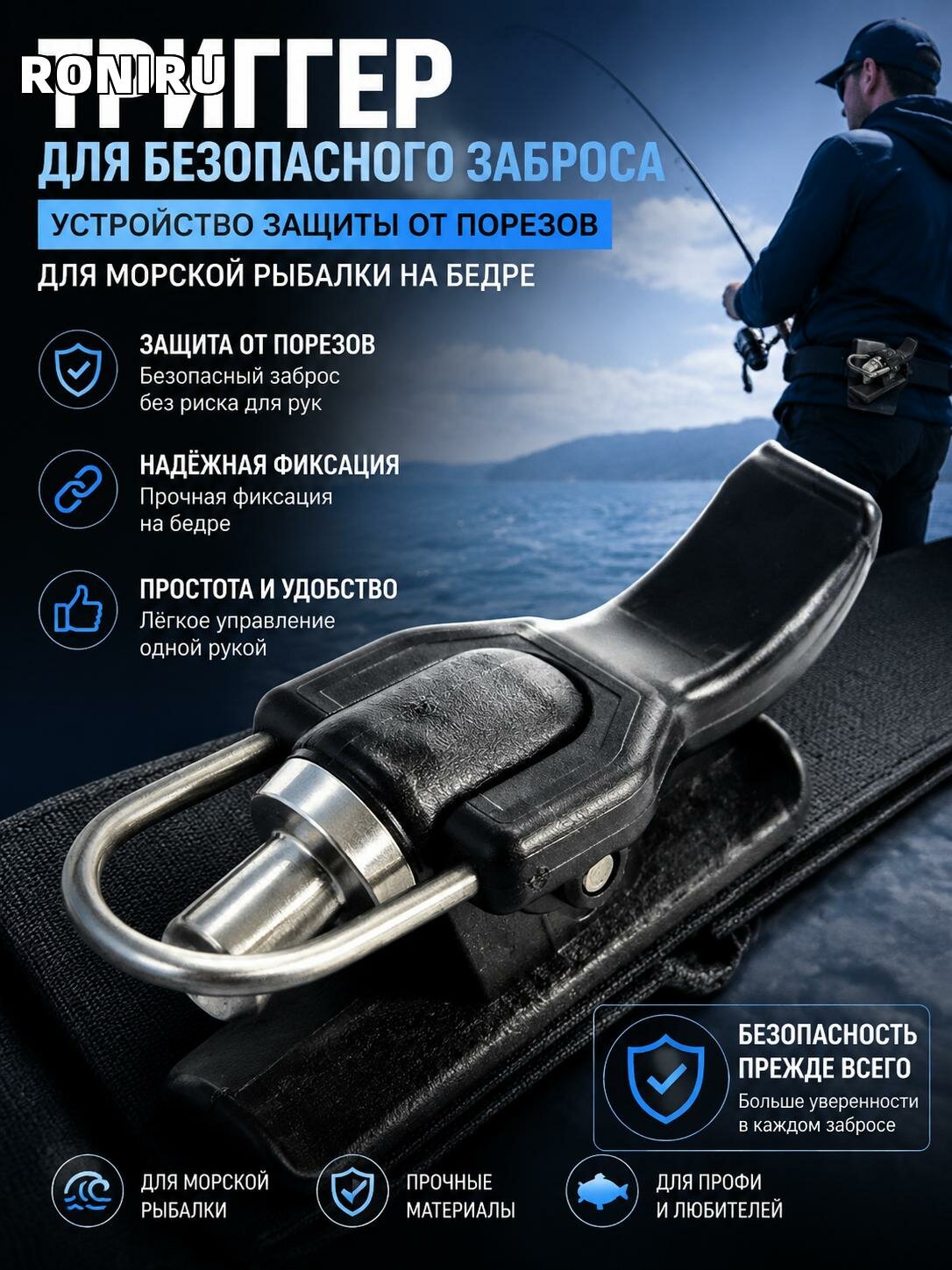 Устройство для защиты от порезов при дальнем забросе — триггер для безопасного заброса в морской рыбалке на бедре