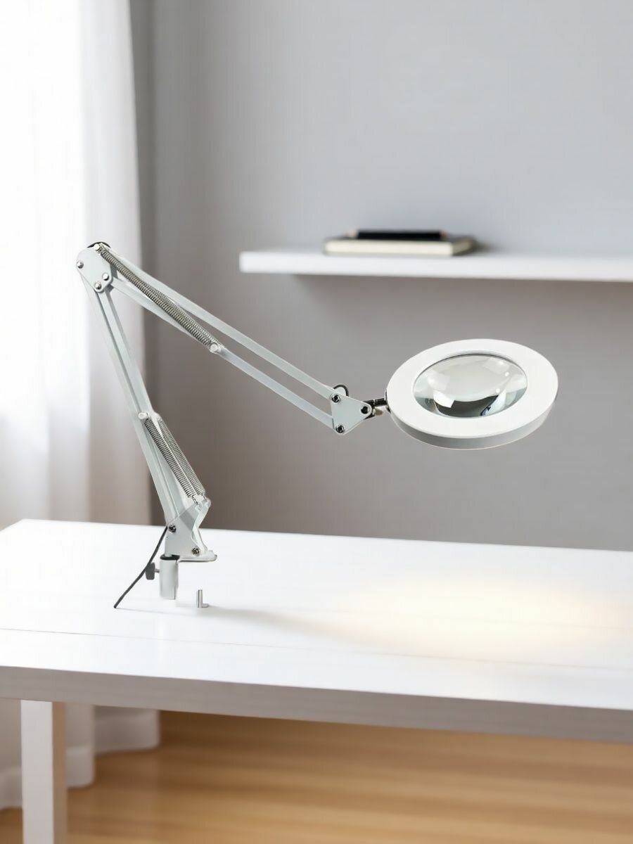 Лампа лупа 8D , мощная 24W 120 led светодиодов , бестеневая настольная с креплением / Косметологическая на струбцине / Светодиодная лампа-лупа для маникюра , педикюра , для косметолога