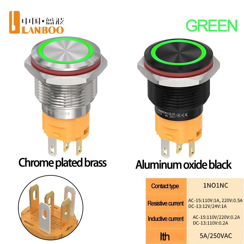 Кнопочный выключатель LANBOO LB19A, Ring Green, Chroming, 9-24V