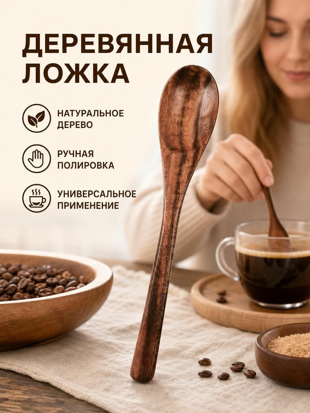 Ложка деревянная чайная маленькая из натурального дерева для специй кофе и меда детская, 1 шт.
