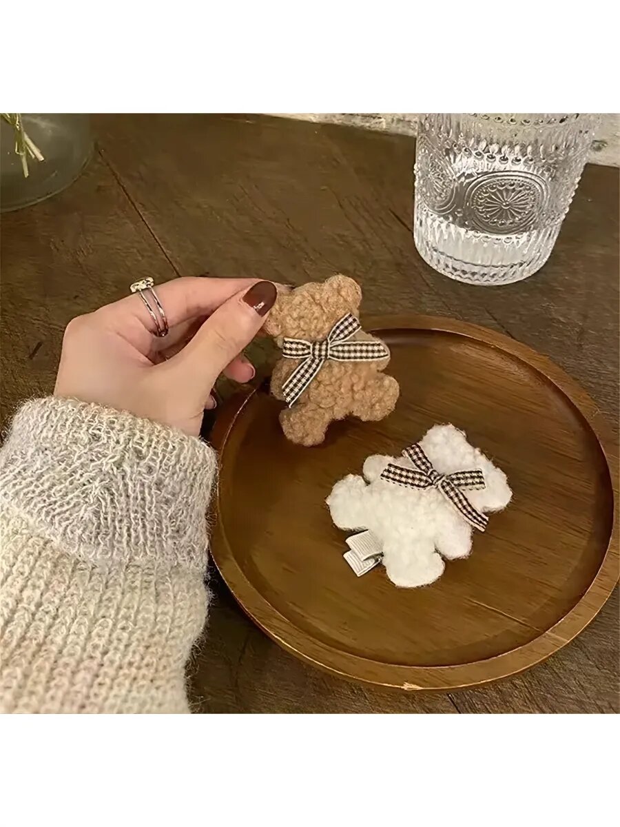Набор заколок Hand Made "Плюшевый медведь", с бантом, из обработанной вискозы — фото 1
