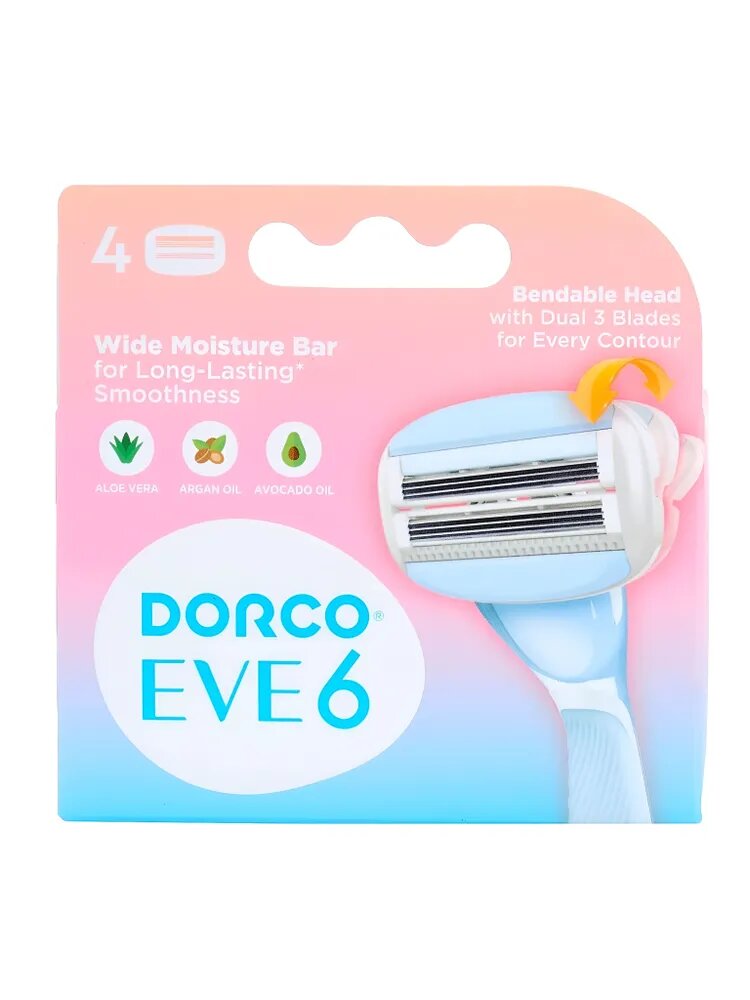 Dorco Сменные кассеты EVE6, женские, 6-лезвийные, крепление PACE, увл. полоса (4 сменные кассеты)