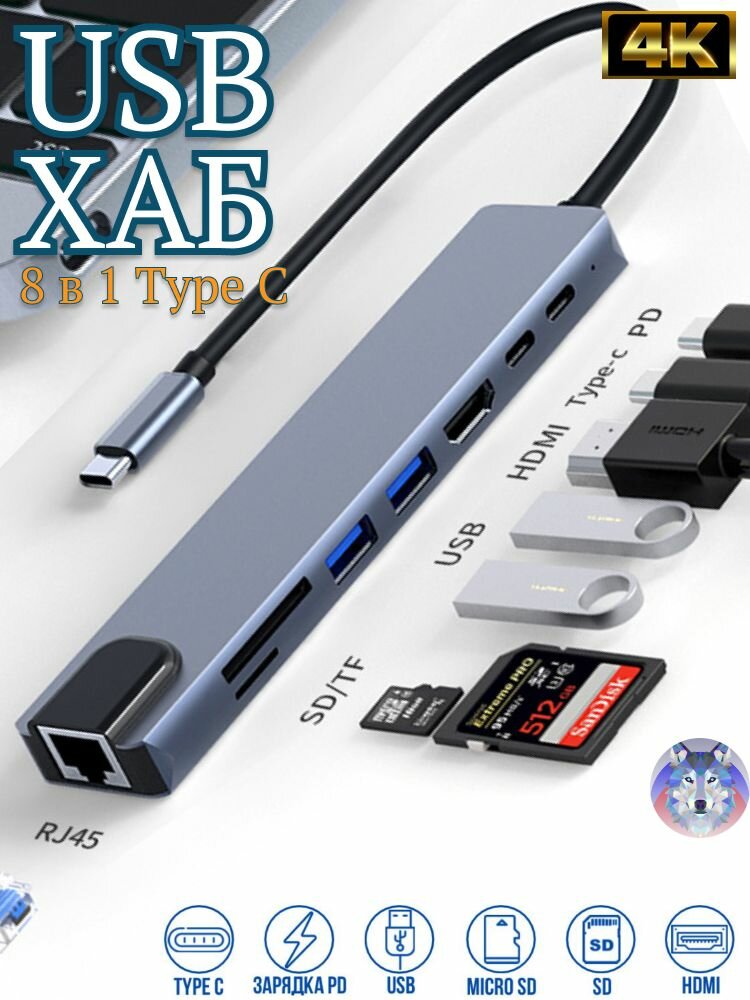 USB хаб 3.0 8 в 1 юсб hub TYPE C адаптер Макбук Разветвитель с 4K для MacBook