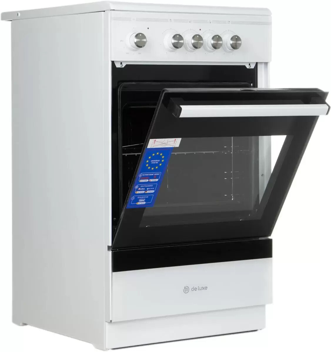 Электрическая плита De Luxe 506004.14, 4 конфорки, 6100 Вт, стеклокерамика, Hi-Light, 54 литра, белый