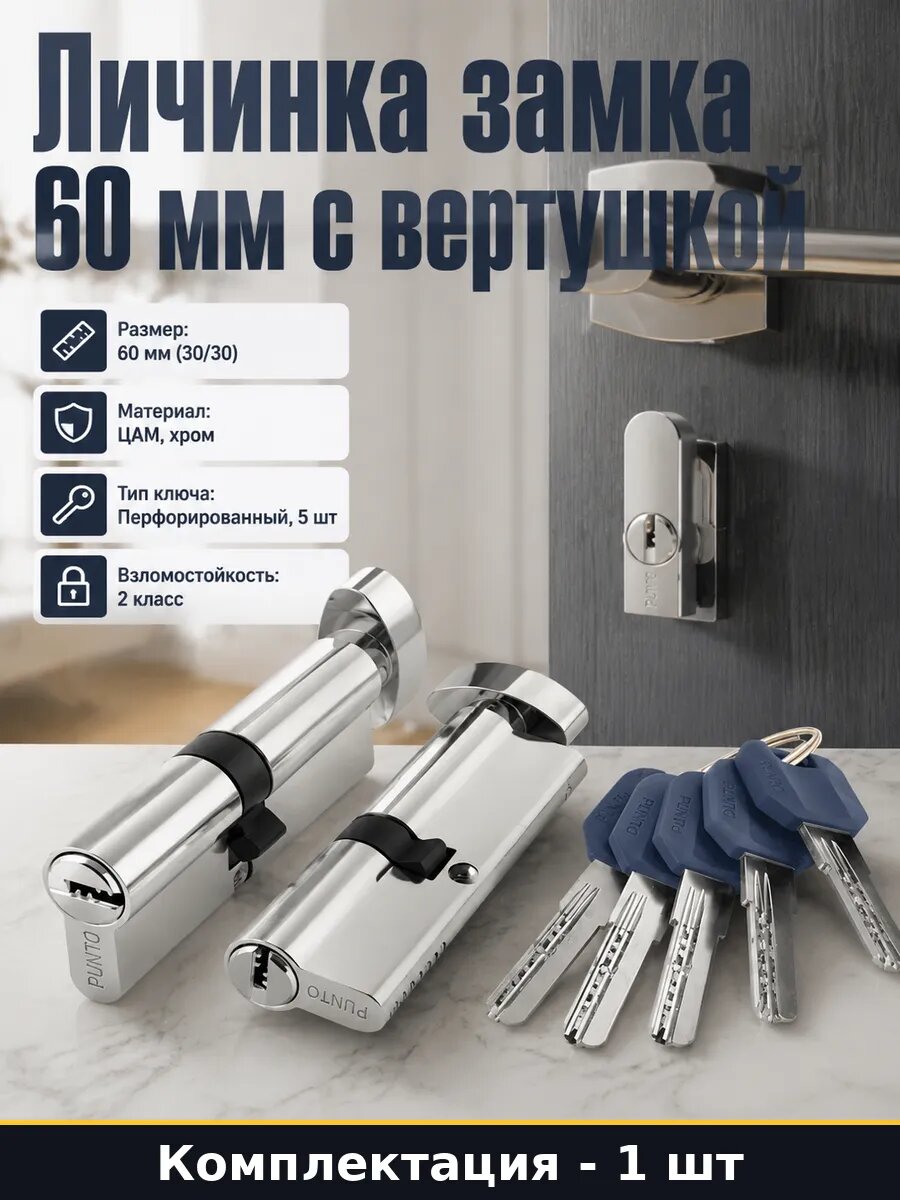 Комплект личинка замка 60 мм с ключами хром 30 30 вертушка