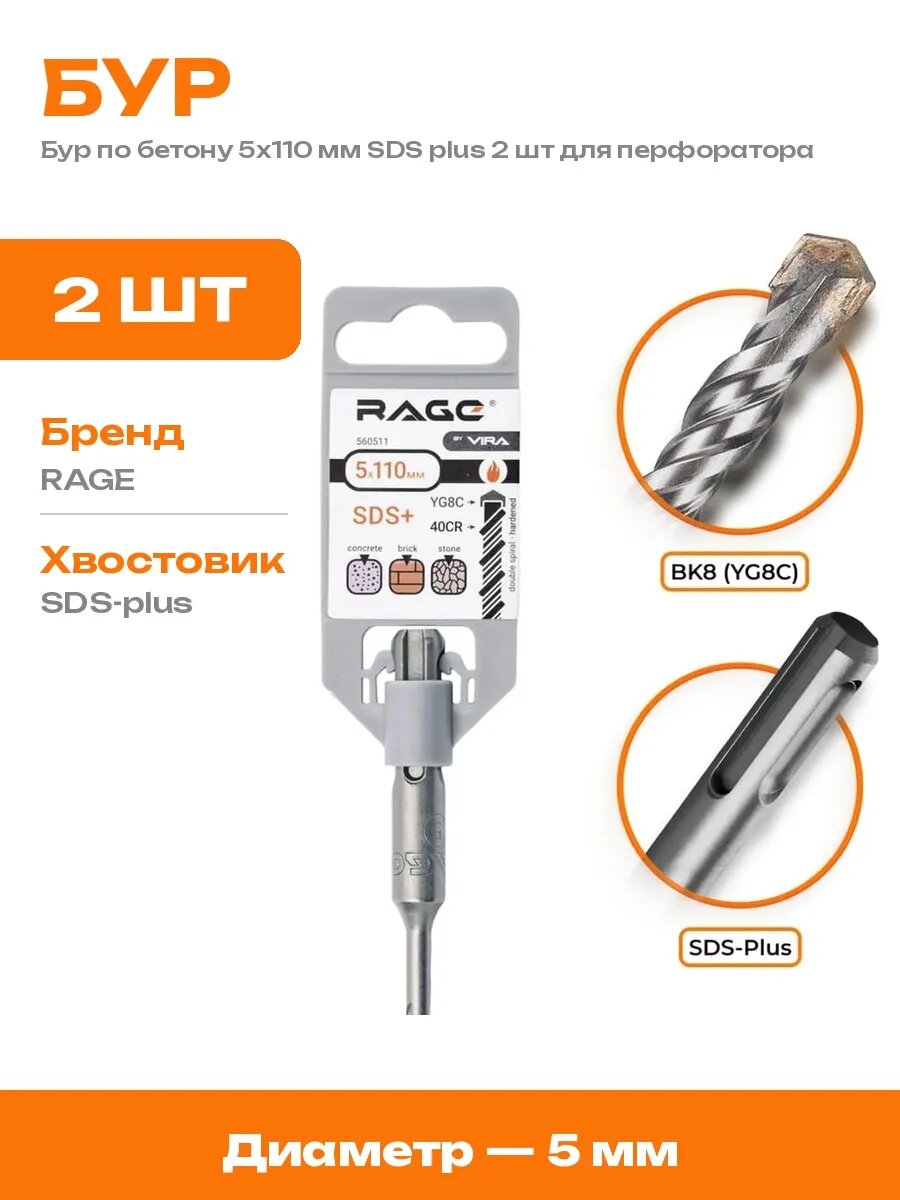 Набор буров SDS plus 5х110 мм 2 шт для электроинструмента