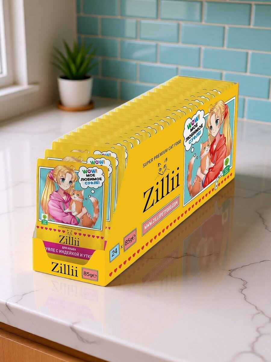 Корм для кошек влажный ZILLII (Зиллии) суфле 24 шт - 85г Индейка с Уткой