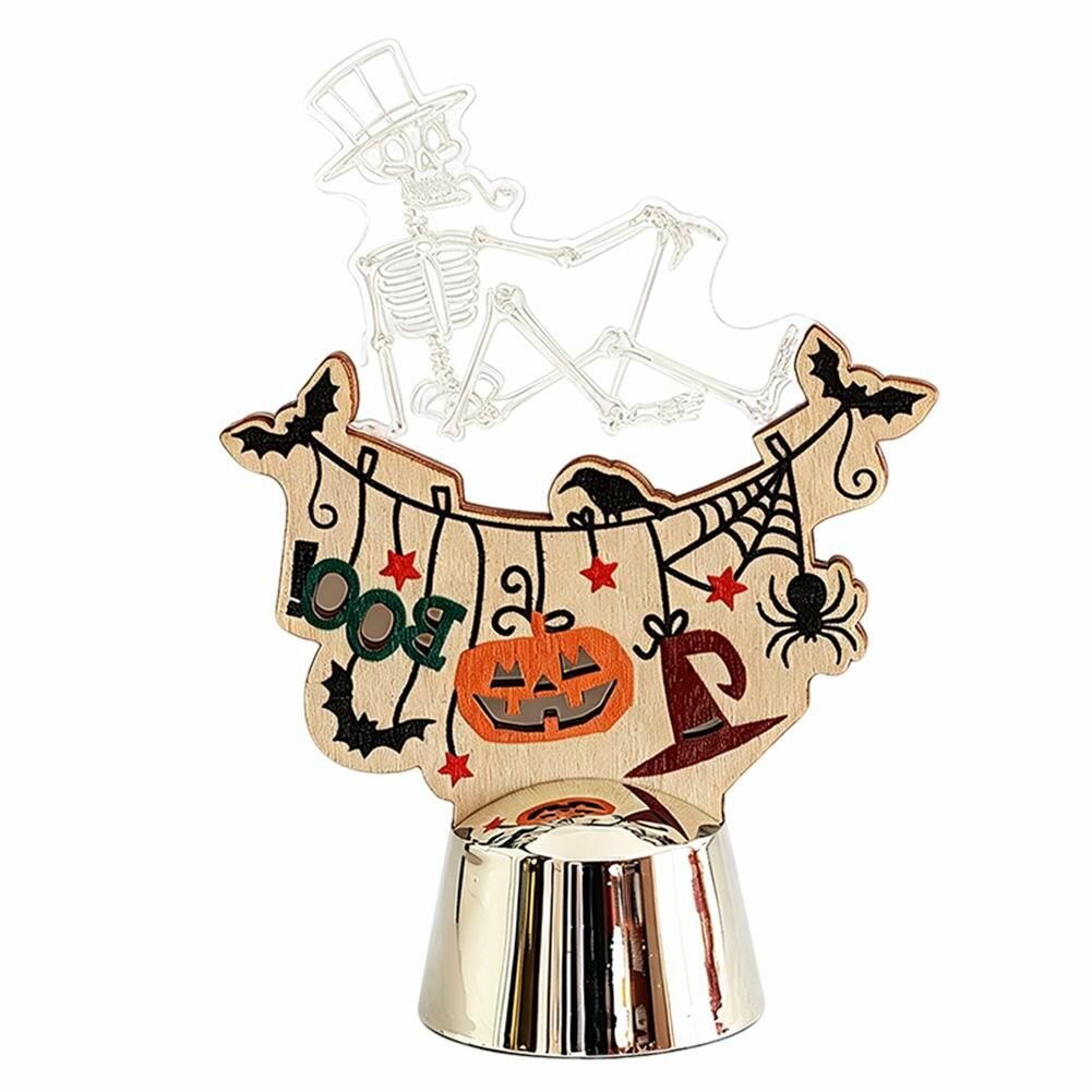 Ночник светодиодный со скелетом, подвески из дерева с тыквой и надписью BOO, акриловый фон