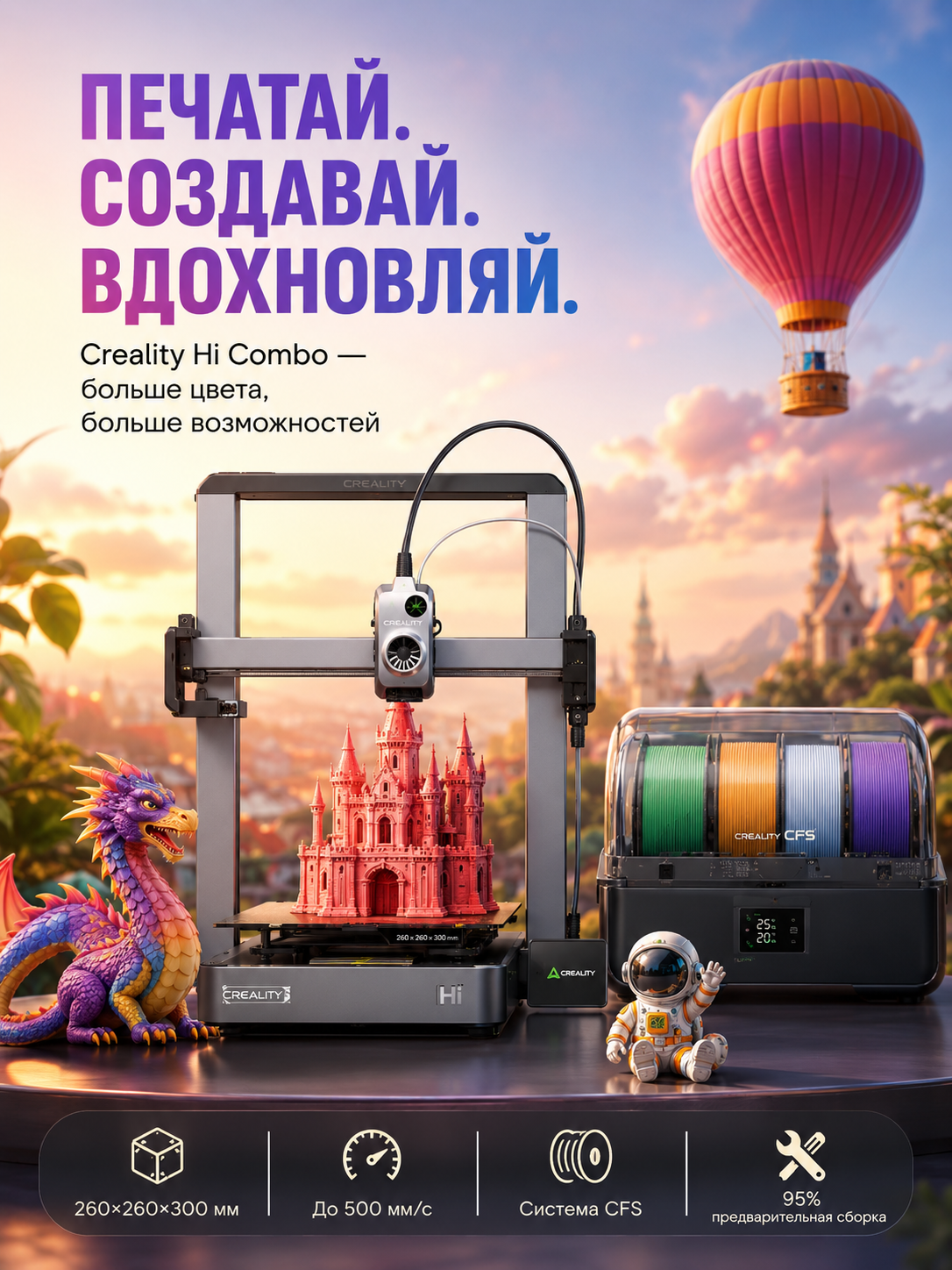 3D-принтер Creality Hi Combo с системой CFS, многоцветная печать, 260×260×300 мм, до 500 мм/с — фото 1