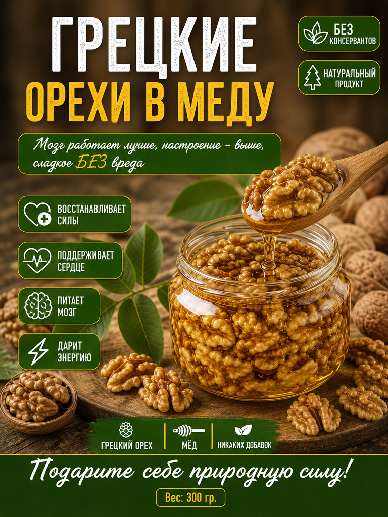 Мед с грецкими орехами ЖиваСласть, без сахара, натуральный продукт, 300г