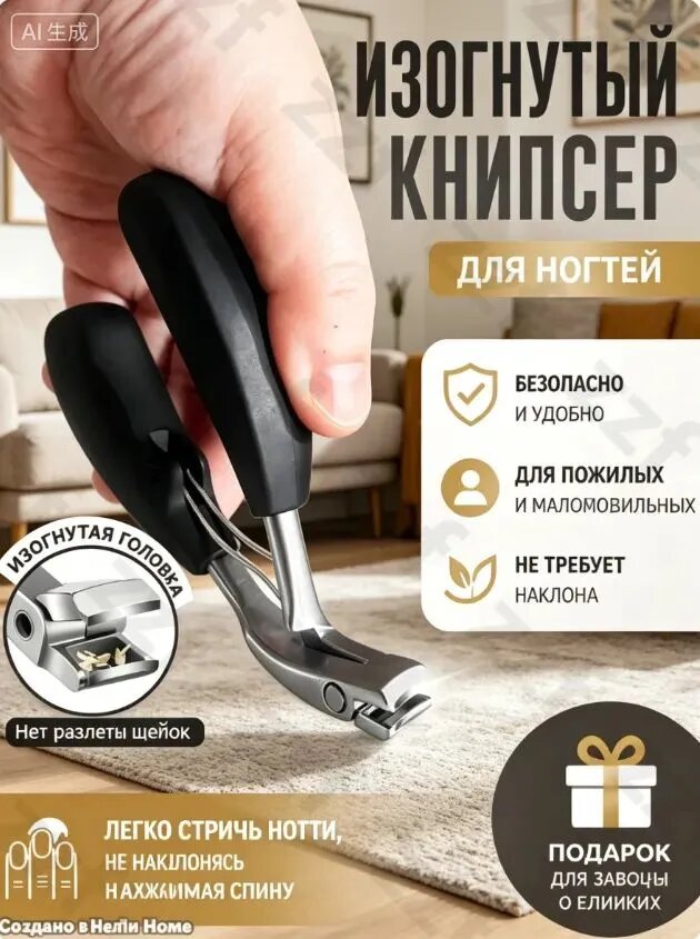 Изогнутый книпсер для стрижки ногтей, не требует наклона, защита от разлета щепок, удобен для пожилых людей