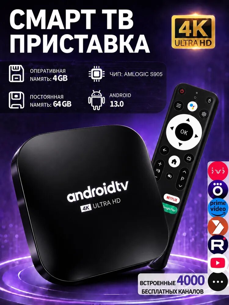 Смарт ТВ приставка. Андроид 13, приставка для телевизора любого поколения с медиаплеером и функцией смарт ТВ