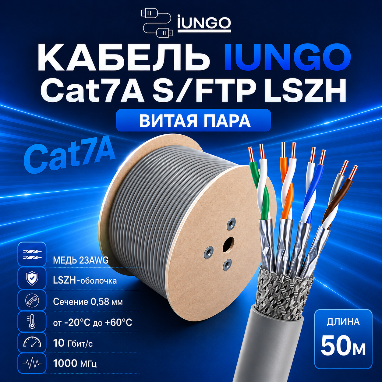Кабель iungo Cat7A S/FTP 4x2x0.560мм PVC, 50 метров, Zhaolong