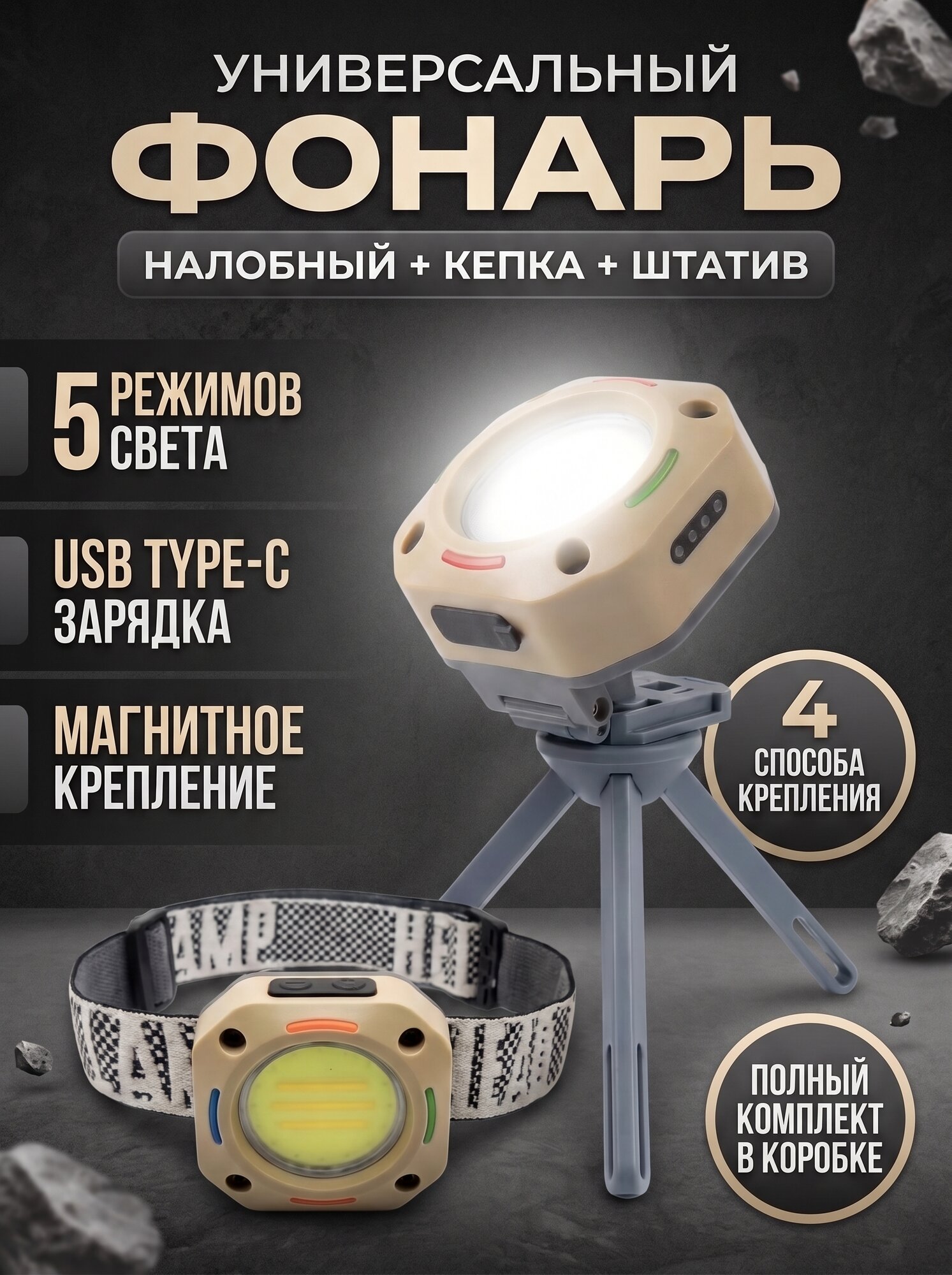 Налобный фонарь аккумуляторный с креплением на кепку и штативом. Мощный светодиодный фонарик на голову с магнитом