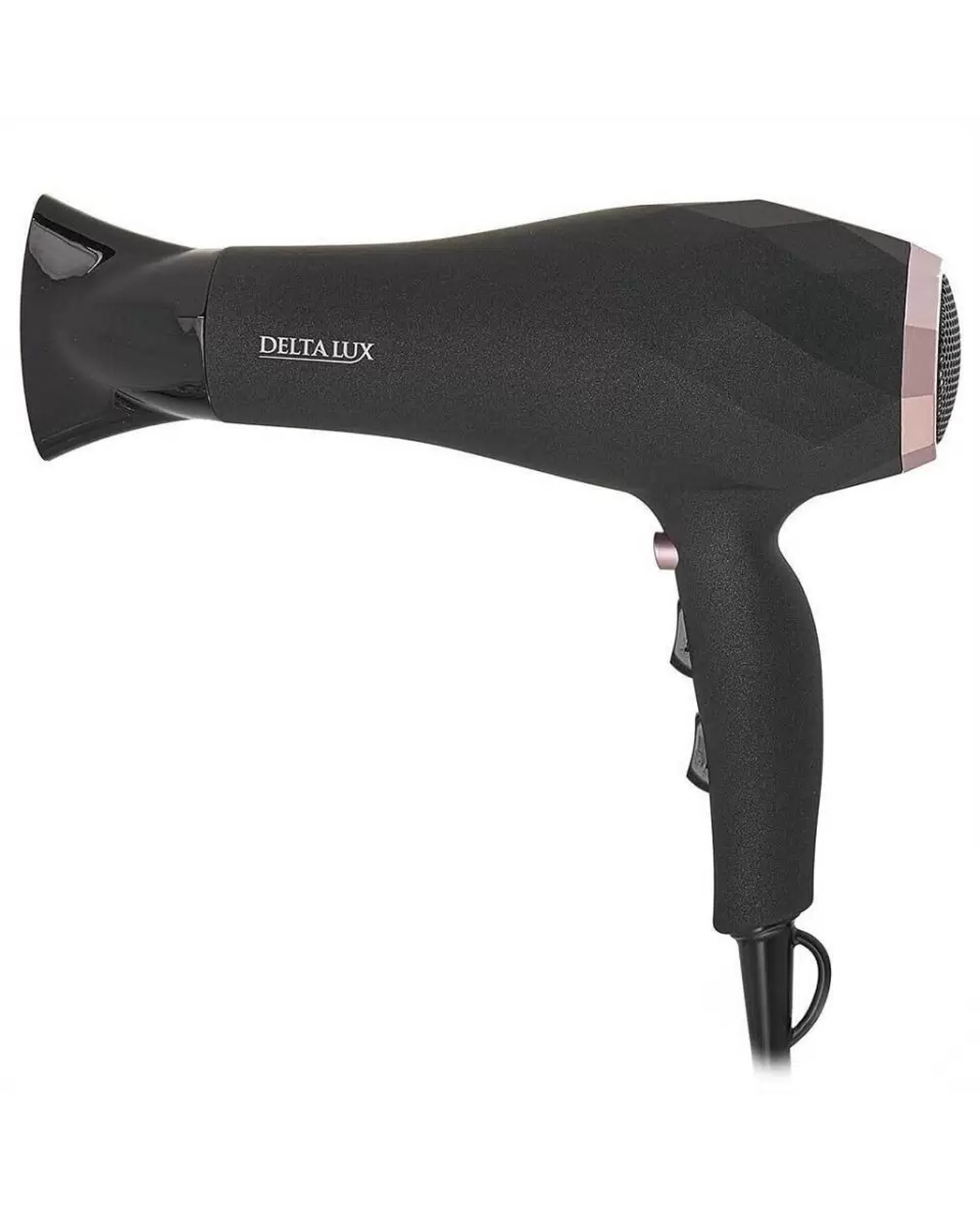 Фен DELTA LUX DL-0941, ионизация, холодный воздух, съёмная насадка, чёрный с розовым