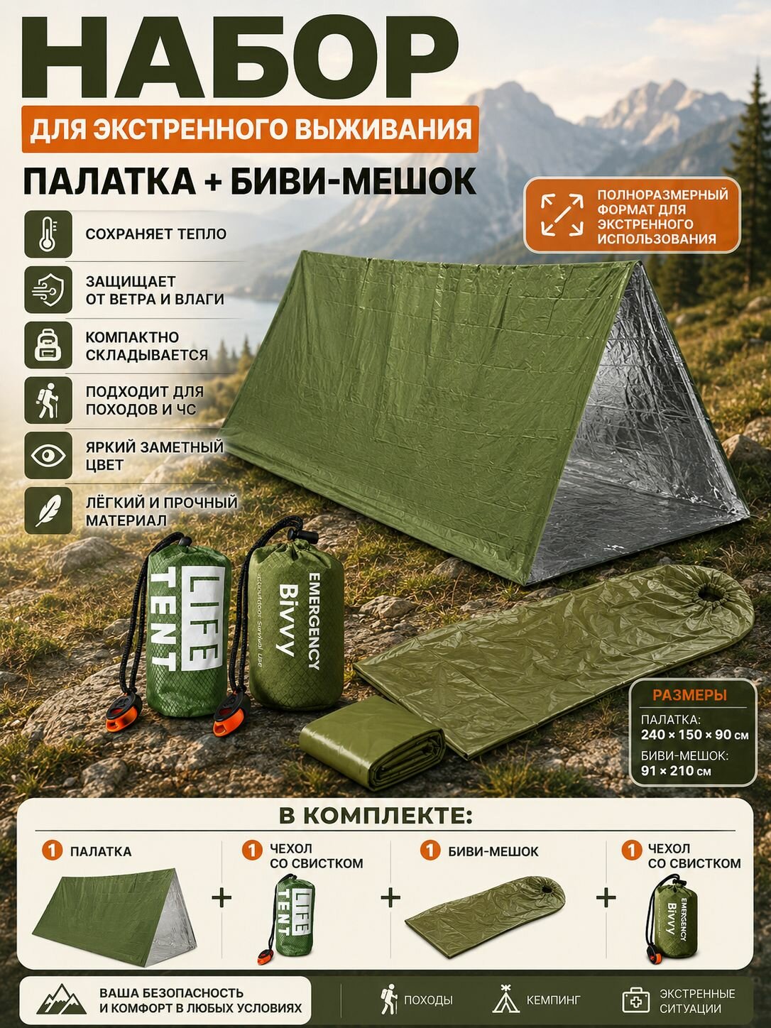 Комплект выживания на 1-2 человека оливковый с двумя свистками теплоизолирующий для кемпинга и охоты для взрослых для походов для активного отдыха