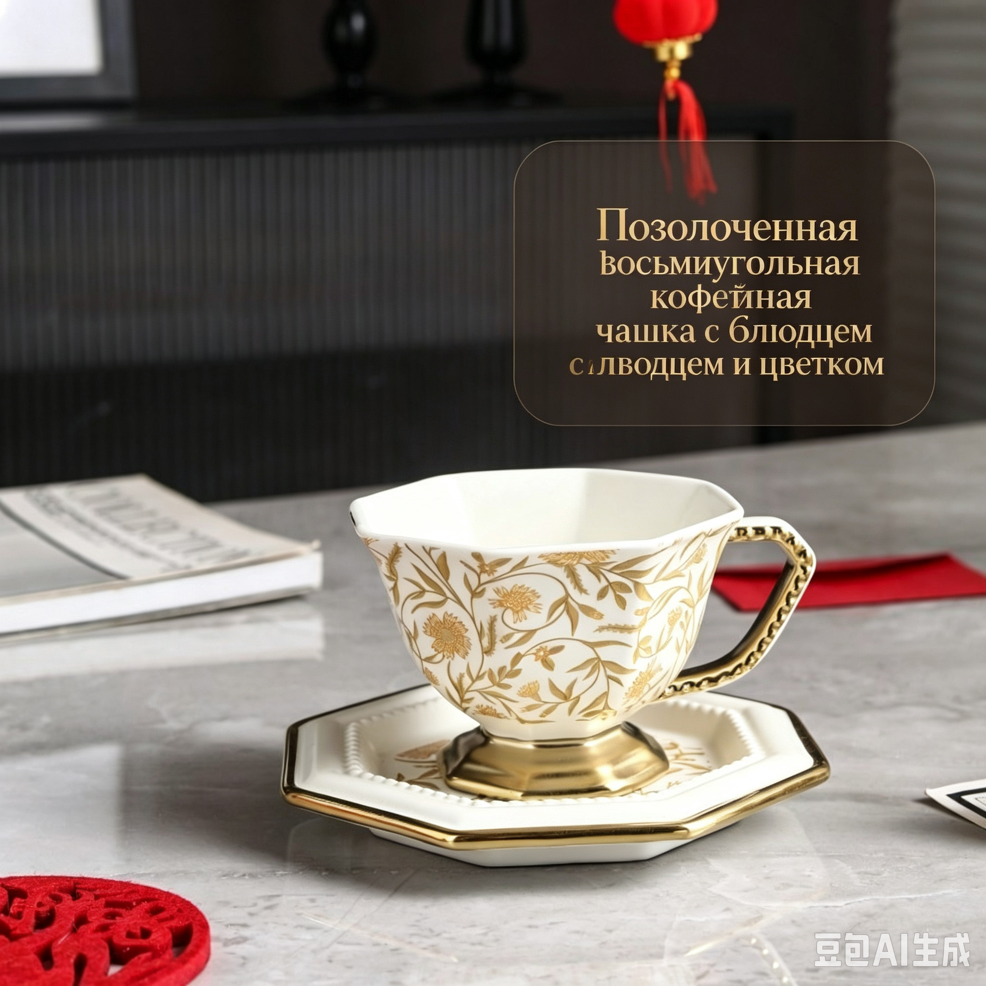 Кофейная чашка с позолоченным блюдцем и цветком мандалы, изысканная керамическая чашка, 240 мл, белая (Цвет товара: белый; Объем: 240 мл; Высота: 7.5 см; Диаметр: 10.4 см)