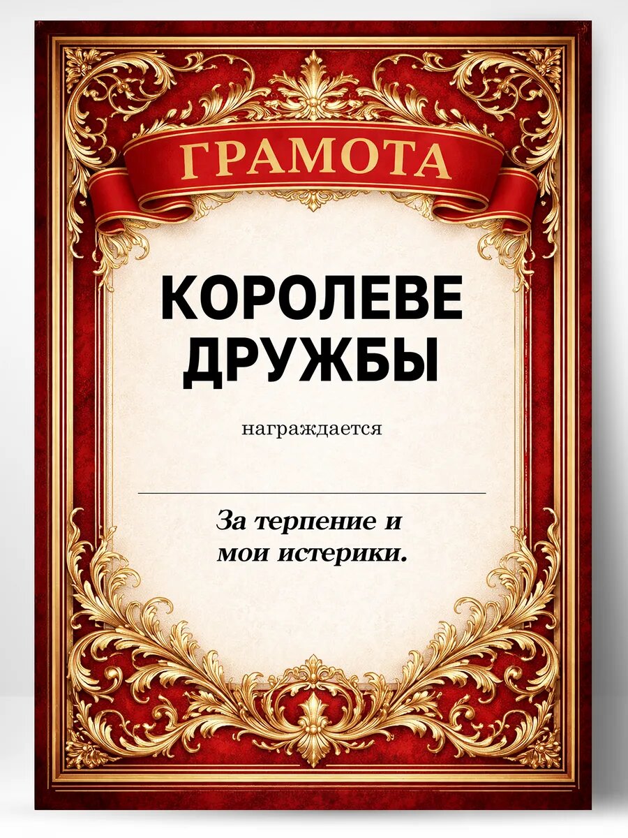 Грамота диплом в подарок - Королеве дружбы