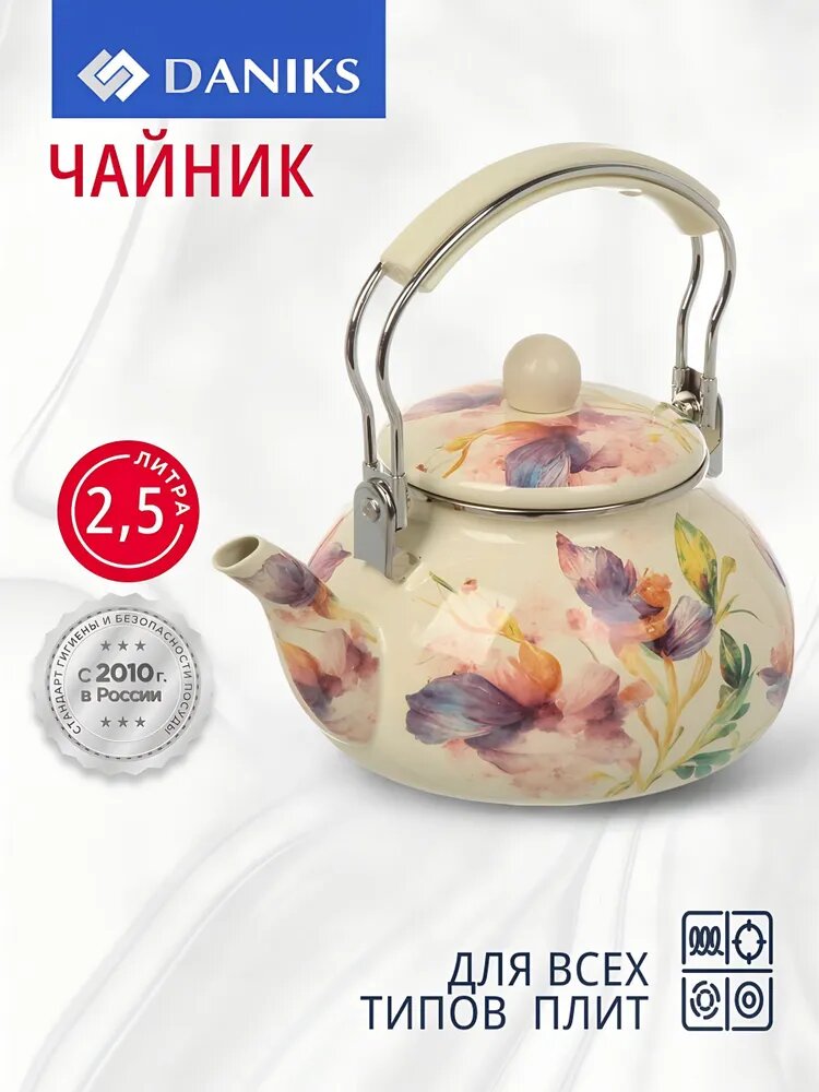 Daniks Чайник для плиты 2.5 л из эмалированной стали, Iris, индукция