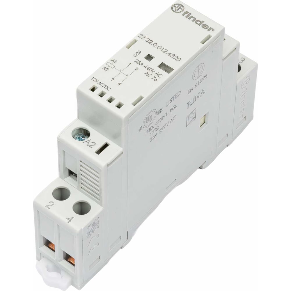 Модульный контактор Finder 2НО, контакта 25А, = 12В AC/DC, - AgSnO2, 223200124320