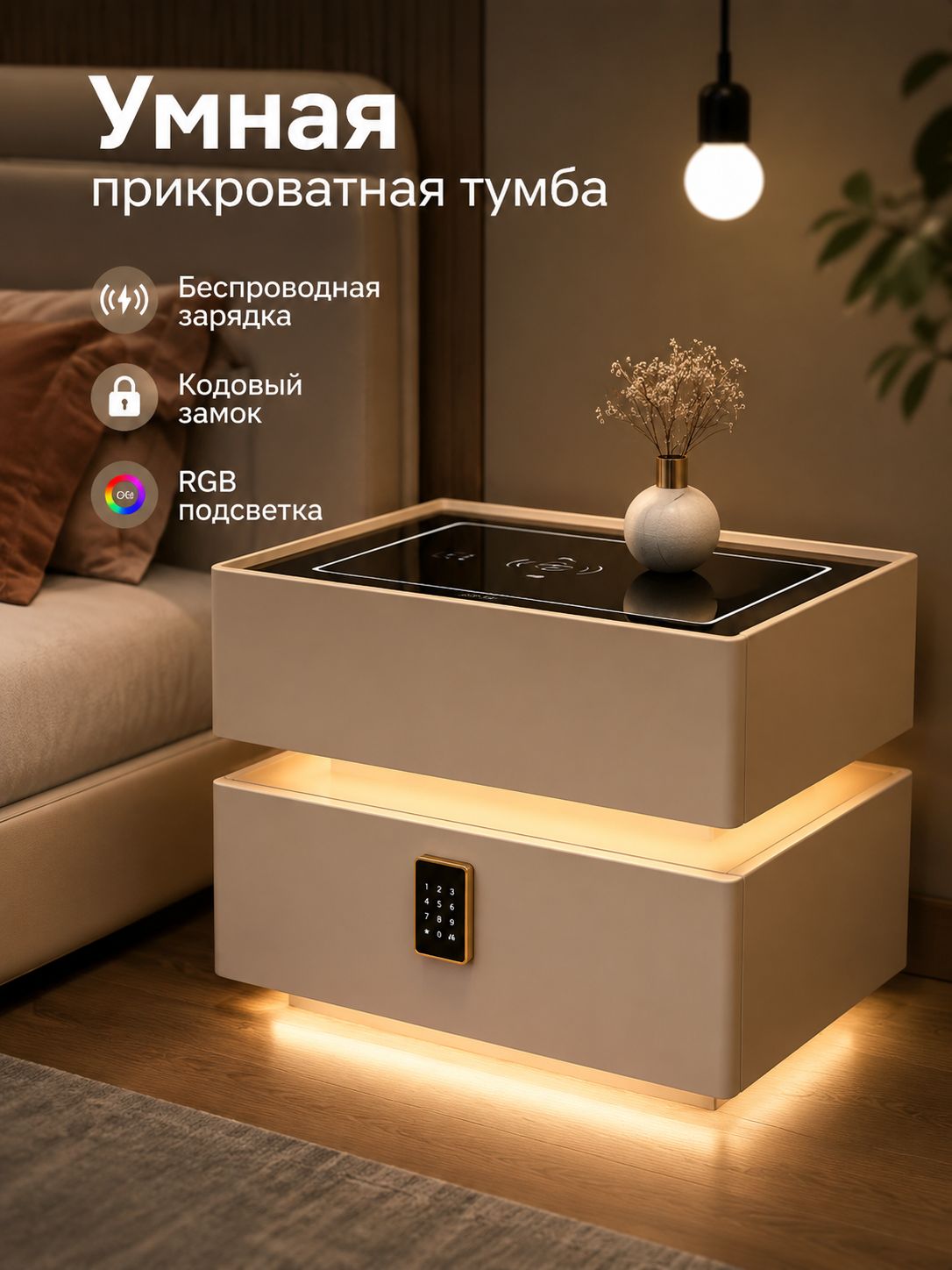 Подвесная умная тумба с беспроводной зарядкой и кодовым замком, цвет хаки, 40x40x48 см