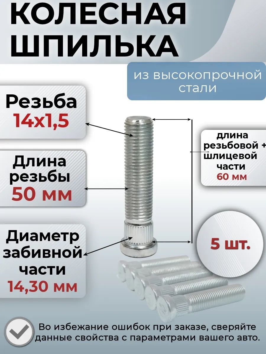 Шпильки колесные резьба 14х1,5 комплект 5 шт,