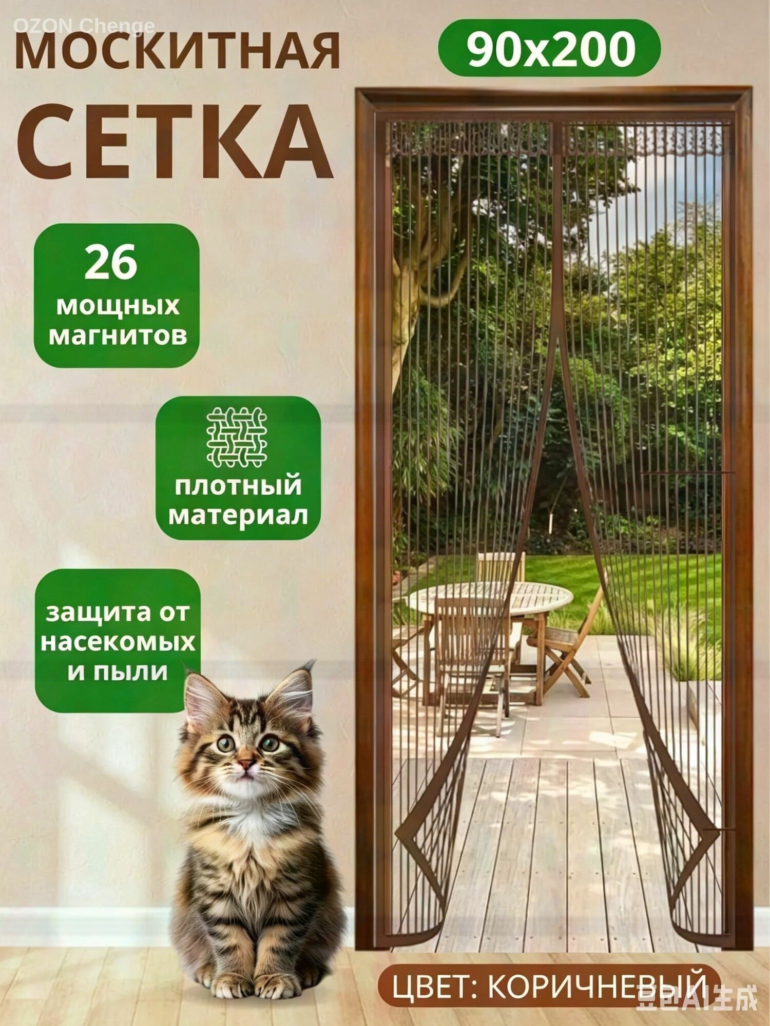 Москитная сетка на дверь магнитах от комаров, мух, насекомых 90х200см, антимоскитная, коричневая