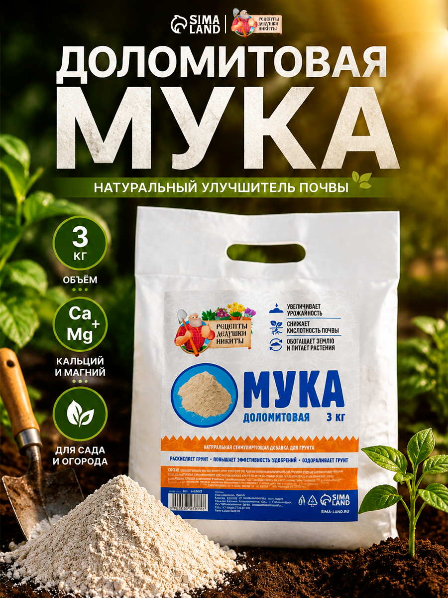 Доломитовая мука Рецепты Дедушки Никиты, 3 кг, для улучшения качества почвы