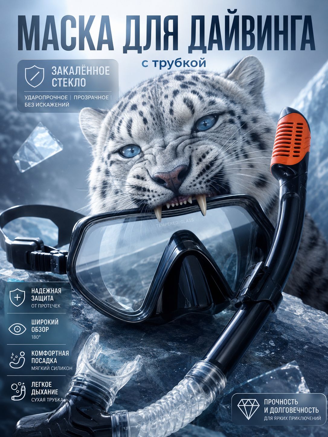Маска для дайвинга с трубкой универсальная