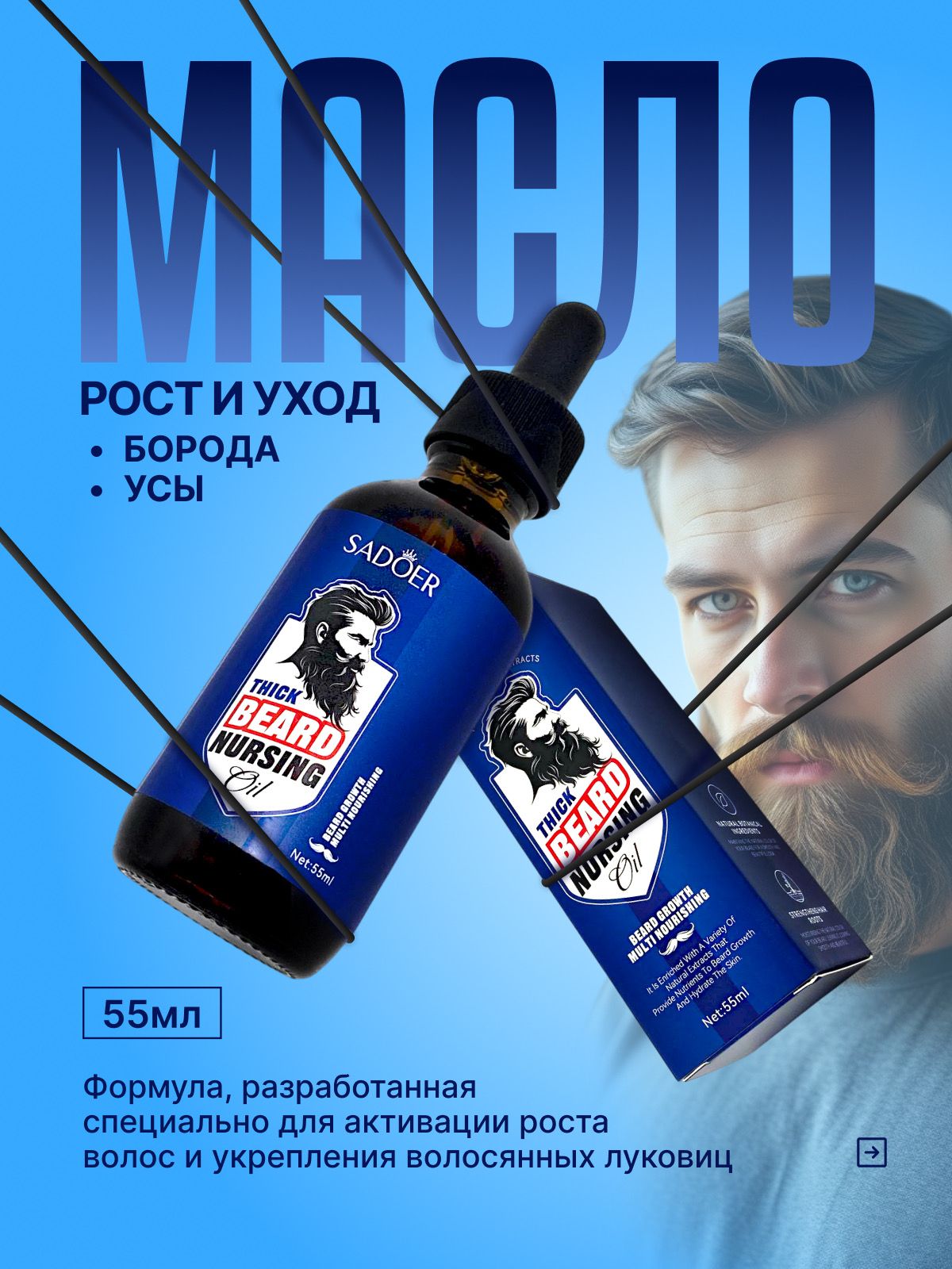 Масло для бороды и усов / средство для роста бороды смягчающее / уход, питание и увлажнение