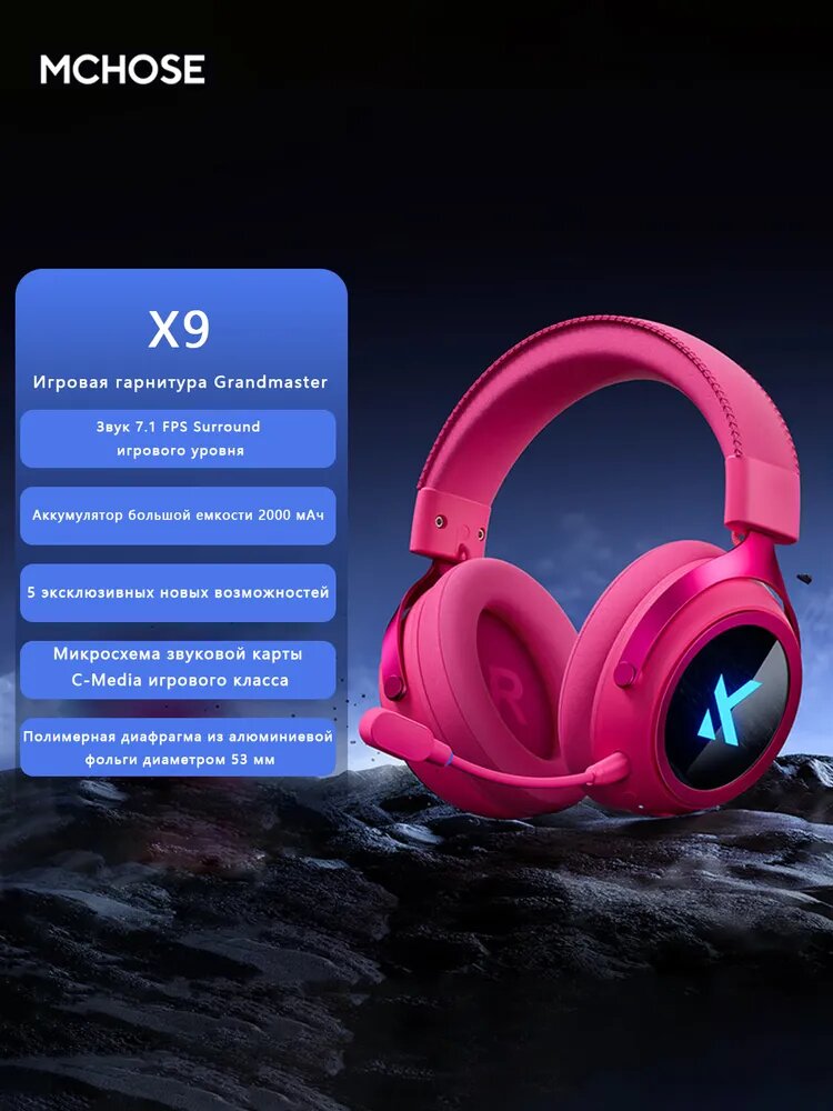 MCHOSE Наушники с микрофоном, Bluetooth, Радиоканал, USB Type-C, малиновый, голубой