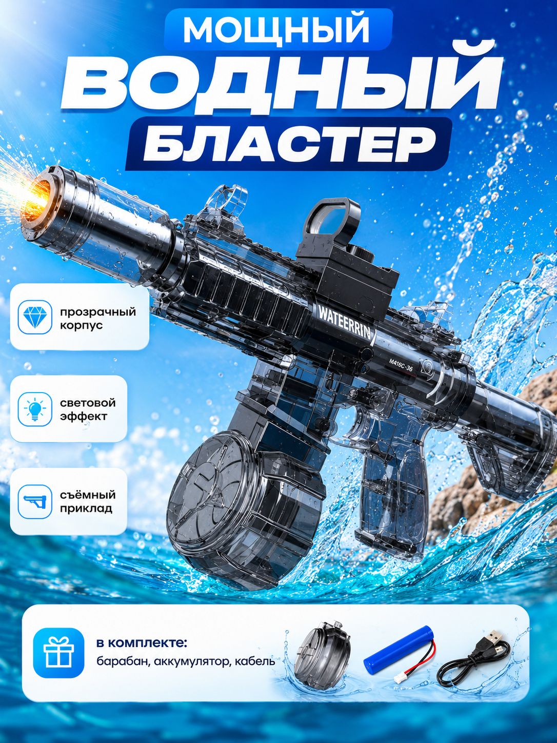 М416 Водный бластер с автоматической подкачкой воды / пистолет с объемом воды 300мл/ оружие / автомат/ черный