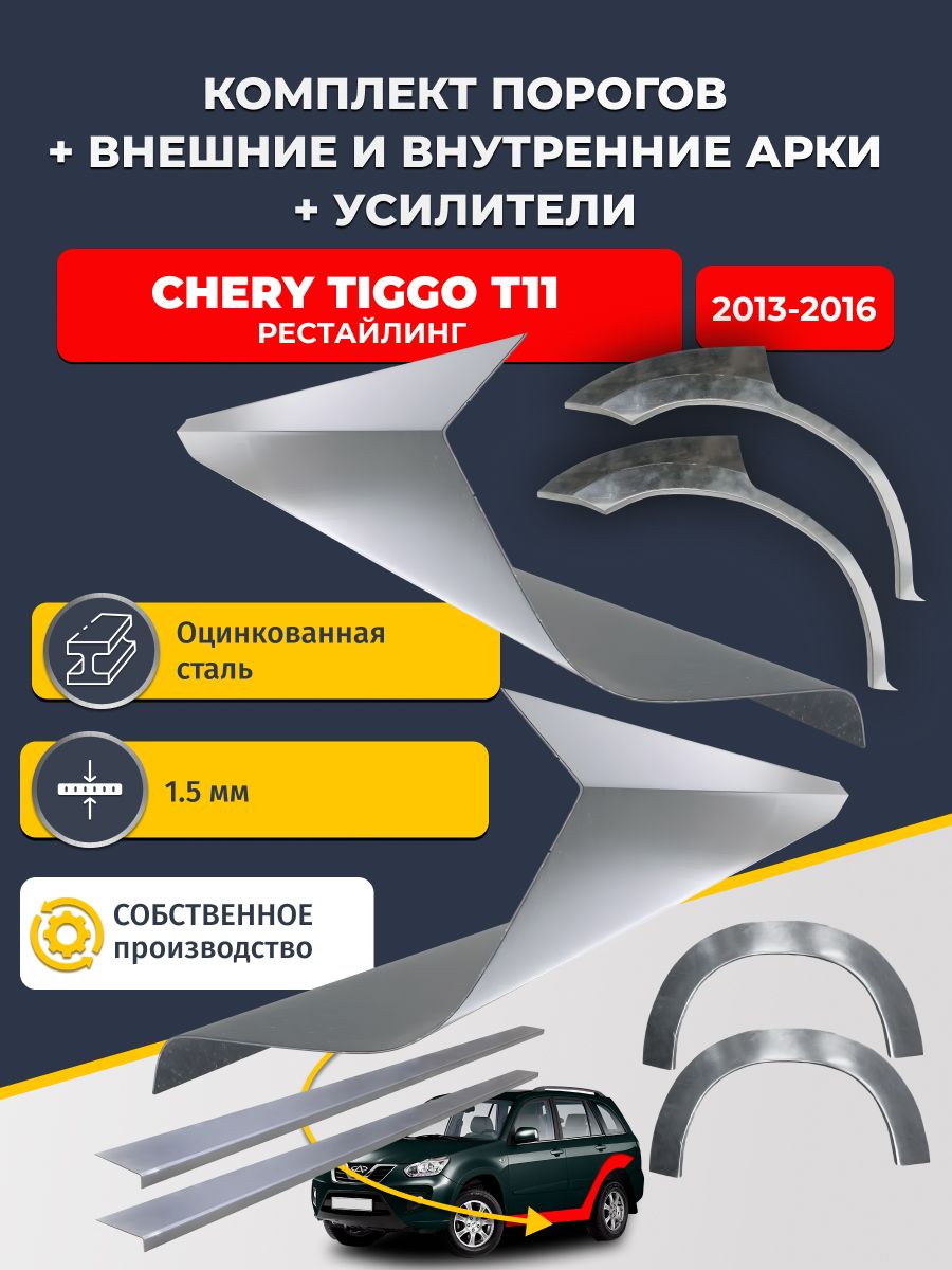 Комплект ремонтных задних внешних и внутренних арок (0,8 мм) + комплект порогов + усилители, на Chery Tiggo T11 2013-2016 рестайлинг (Чери Тигго Т11) Оцинкованная сталь 1.5 мм