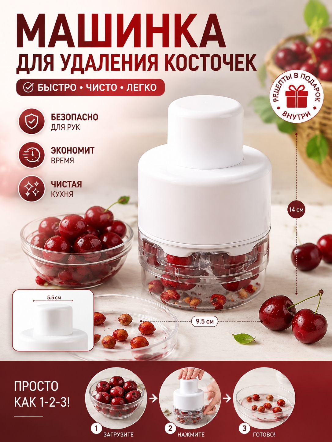 Пресс для удаления косточек из вишни 7 ягод за секунду, без брызг и грязи, BPA-free, для десертов и заготовок, умный кухонный гаджет
