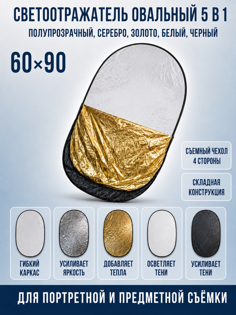 Светоотражатель DOFA овальный 5 в 1, 60x90 см
