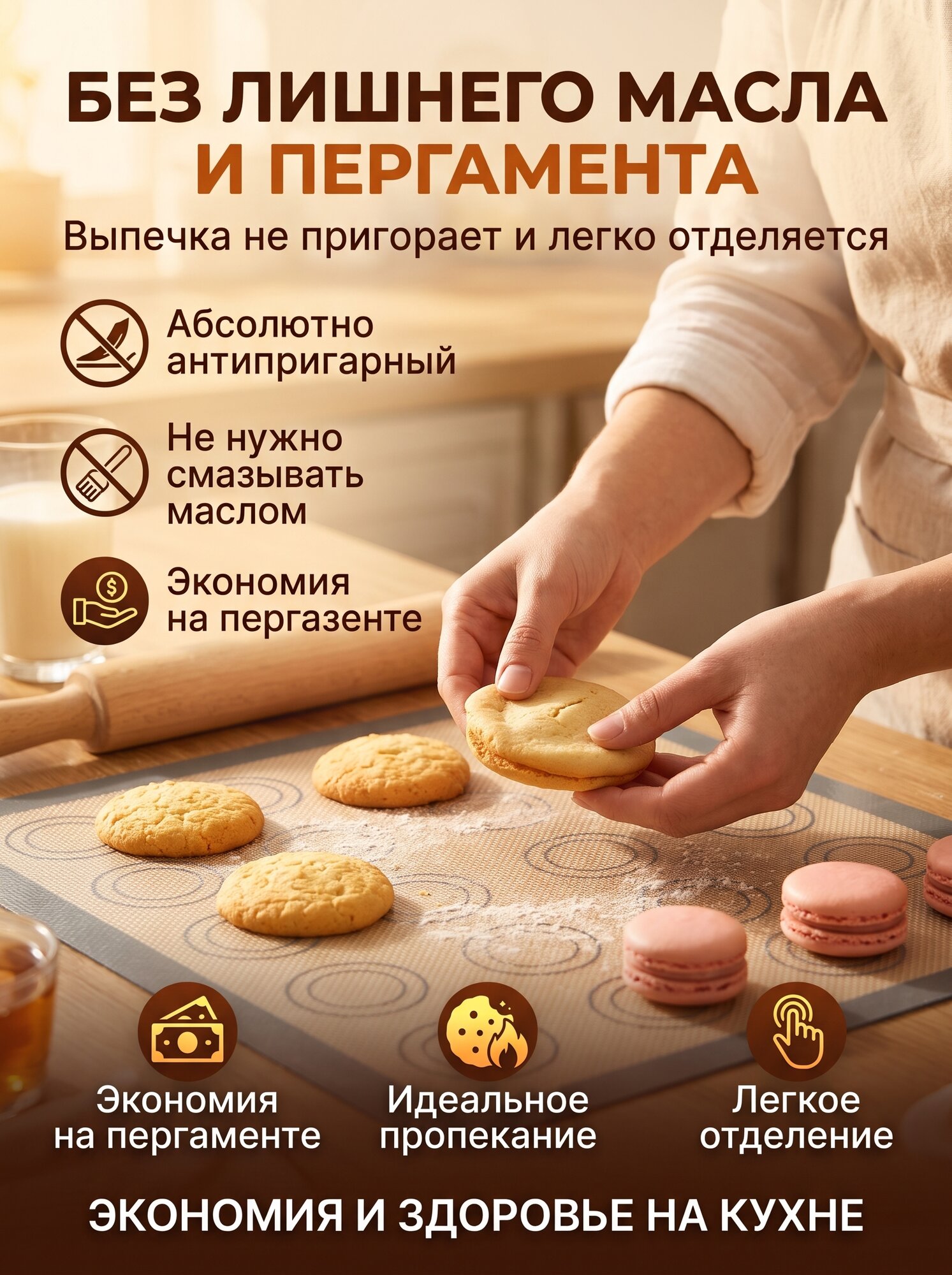 Силиконовый коврик для выпечки антипригарный, термостойкий коврик с ручками для хлеба и макаронс, пищевой силикон