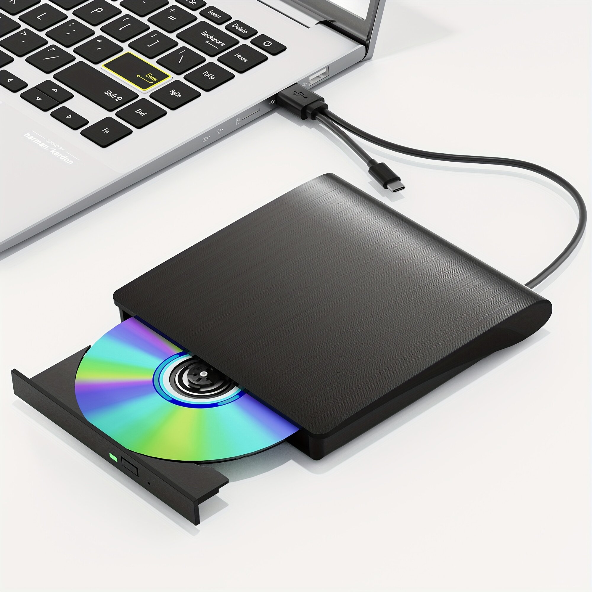 Внешний портативный привод для записи CD/DVD +/-RW USB 3.0 и Type-C черный, толщина 13 мм, с кабелем USB-C