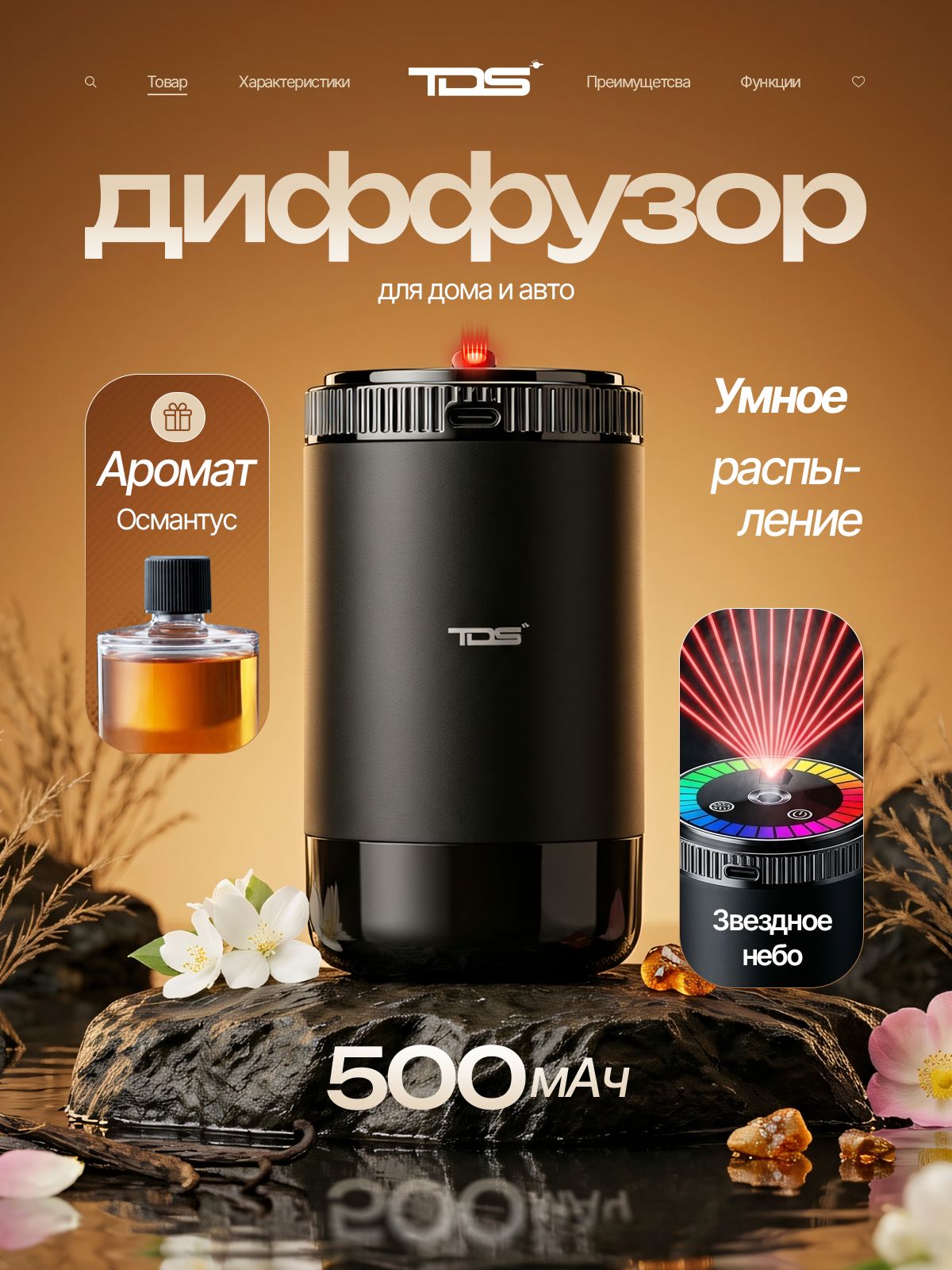 Автомобильный аромадиффузор, ароматизатор воздуха Османтус для авто ультразвуковой с подсветкой 50 мл Type-C TDS TS-CAA73