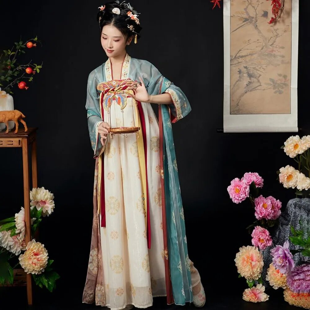 Женское платье Hanfu Dynasty Tang Qixiong Ruqun с цветочным принтом XXXL, beige set