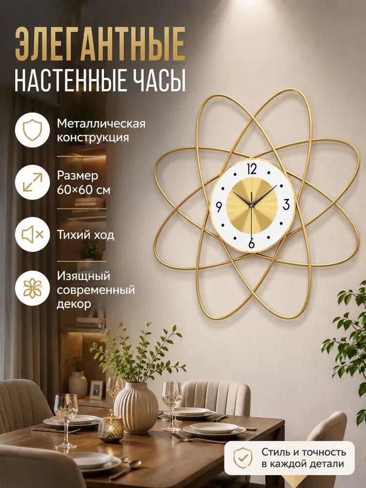 Настенные часы 60 см х 60 см плавный механизм, тихий механизм белый