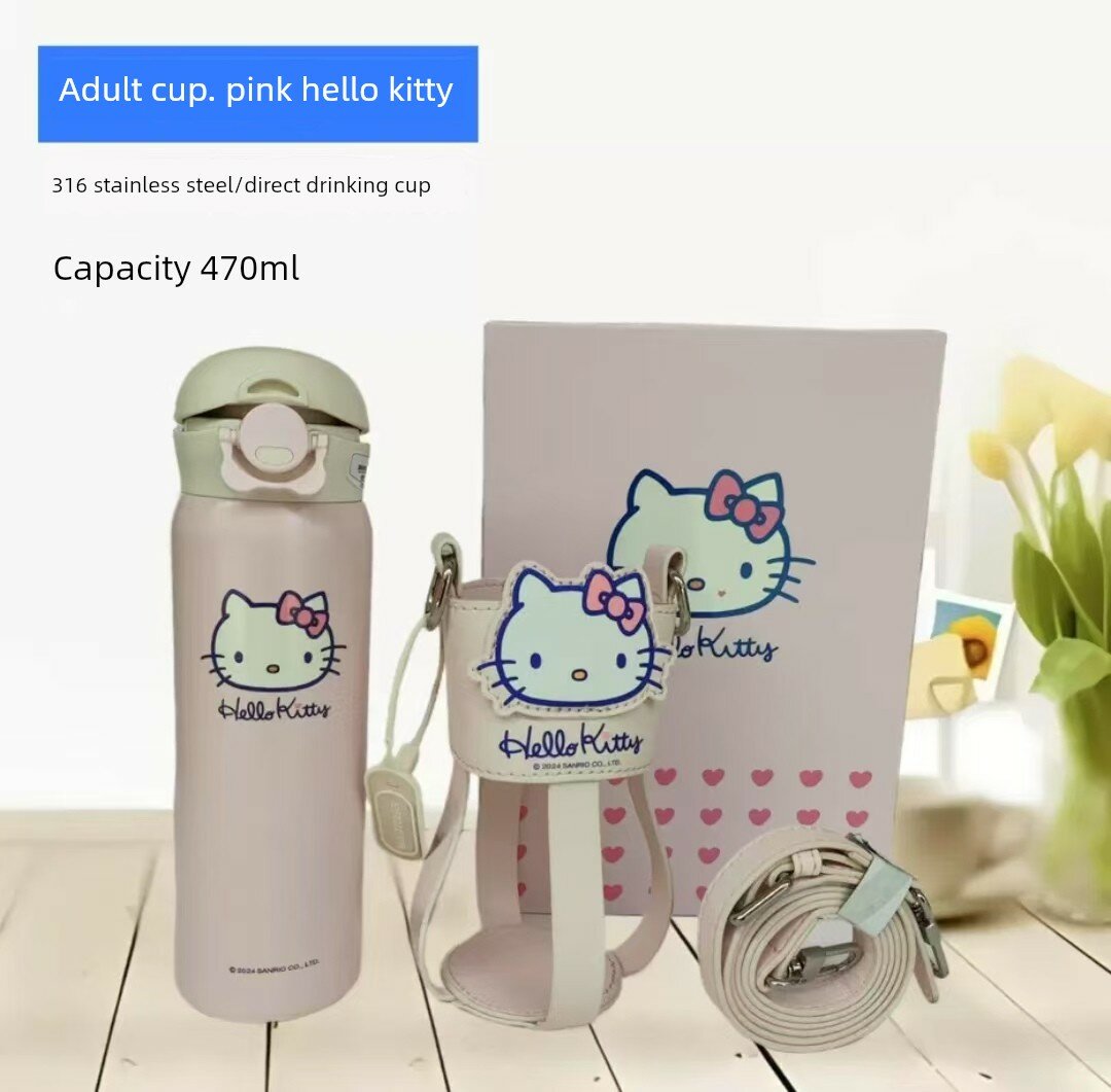 Нержавеющая термос-чашка Pink KT Cat 470 мл с прямым доступом к питью для студентов