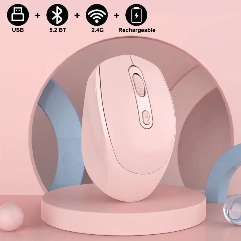 Беспроводная мышь Розовая Bluetooth 5.2, 2.4G, USB, Rechargeable