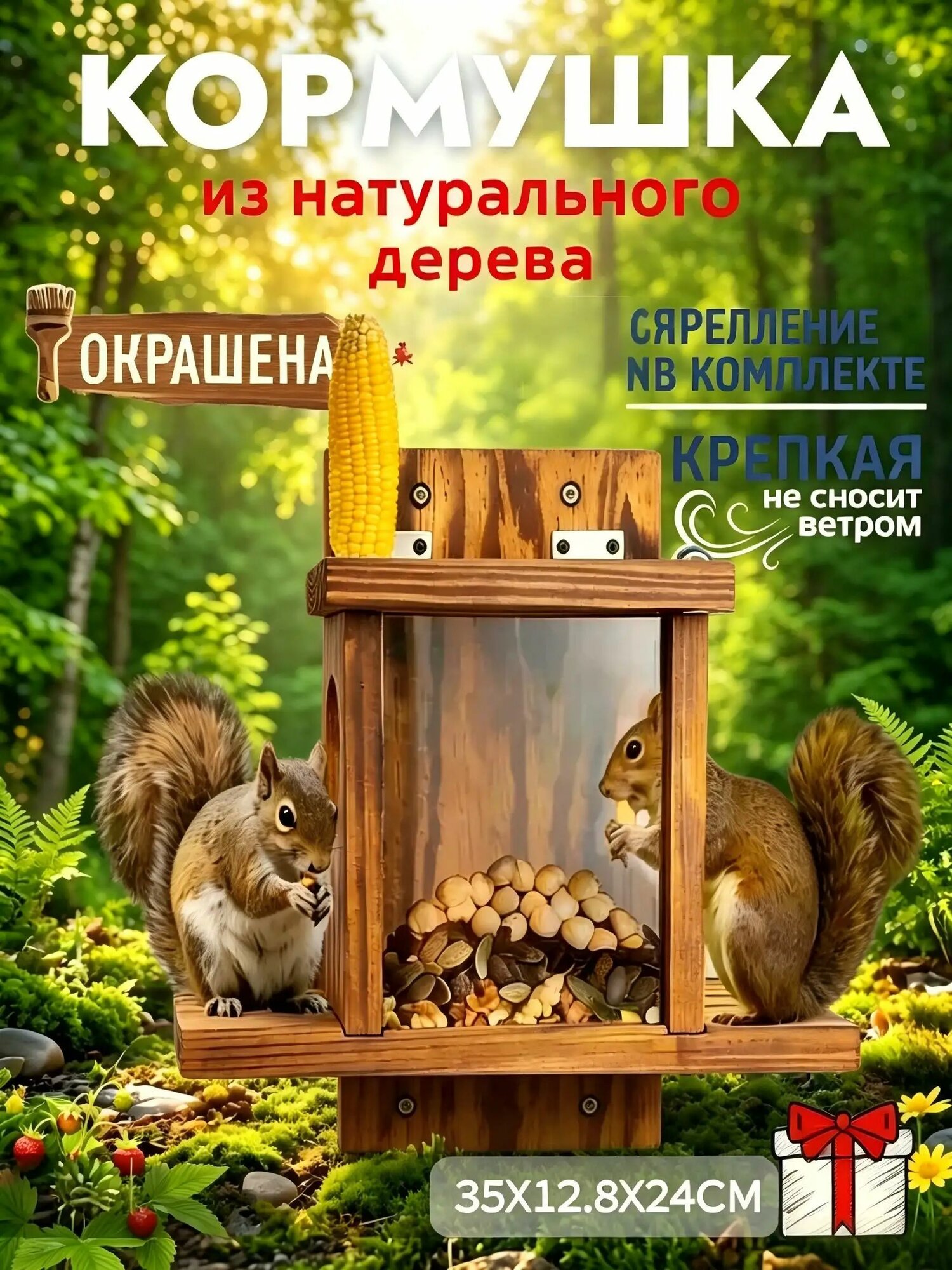 Кормушка для птиц и белок на дерево, бельчатник деревянная-pd