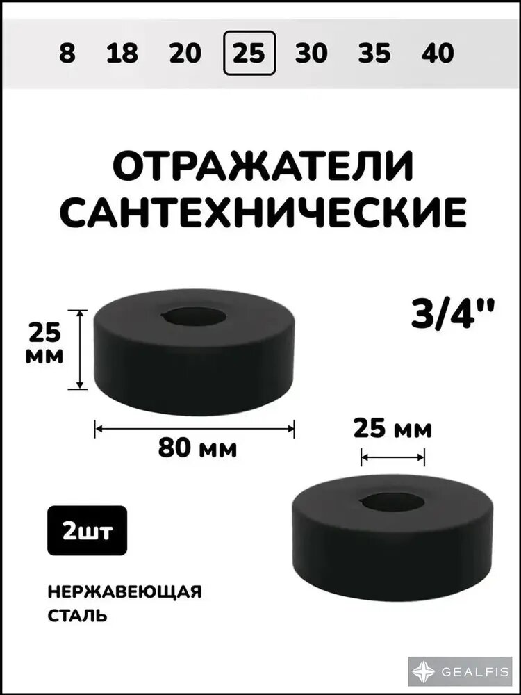 Отражатель для смесителя, отражатель для полотенцесушителя, сантехнический, глубокий, черный, круглый, 3/4, 2 шт, заглушки, декоративные накладки, монтажные кольца