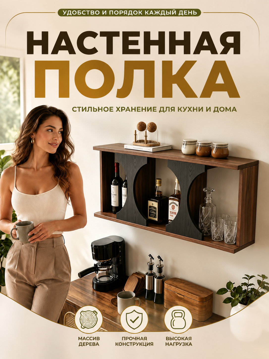 Настенная полка из дерева, винный стеллаж для бутылок, стильное хранение для кухни, бара и гостиной,