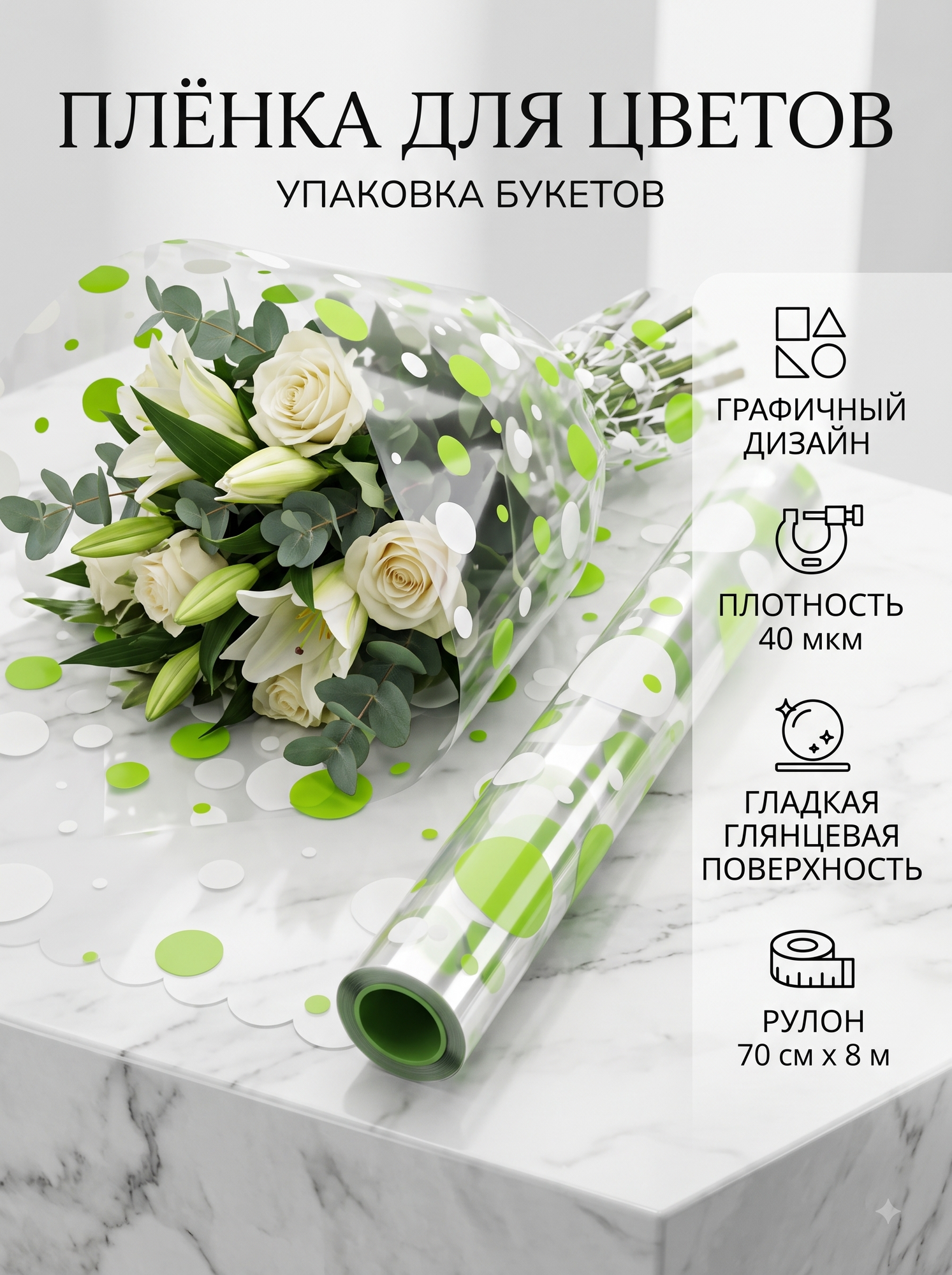 Пленка упаковочная для цветов "Серпантин", бело - салатовый, 0,7 х 7,6 м, 40 мкм, 200 г